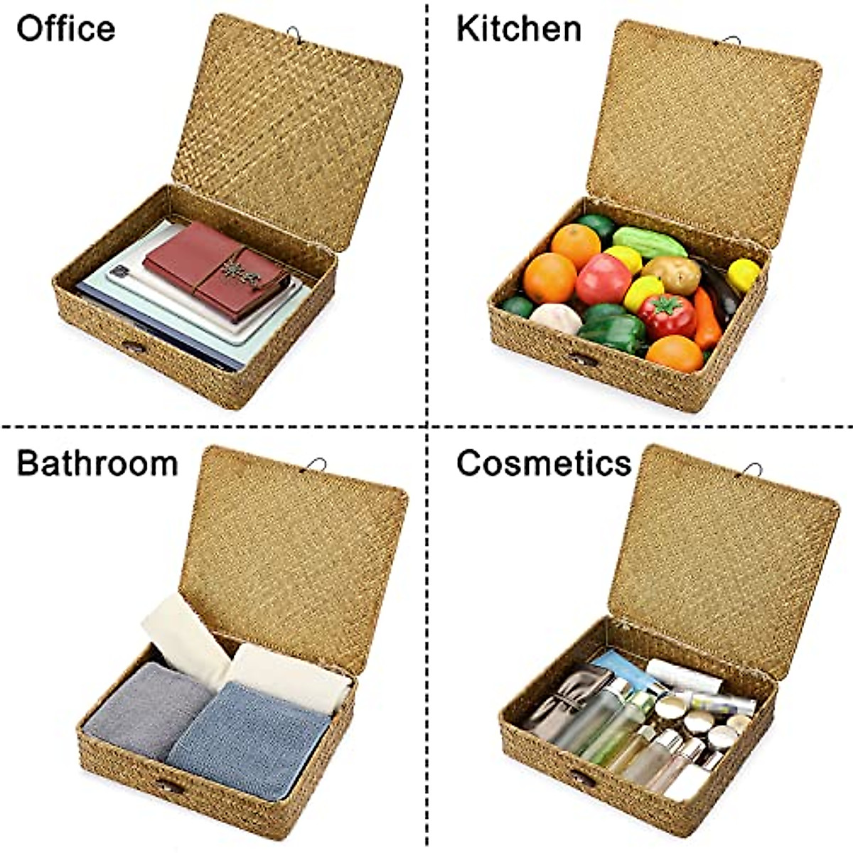 BTSKY 1 Pack Large Wicker Basket With Lid Flat Woven Storage Bins for Shelf Organizing Natural Seagrass Storage Baskets with Lids Home Utility Organizer Box for Home & Office Supplies, Caramel