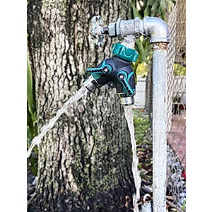 2 Way Hose Splitter for Garden - Super Durable, Rust Resistant Metal Body, Dual Valve Outdoor Spigot - Modern Water Hose Splitter - Y-Shaped Garden Hose Connector