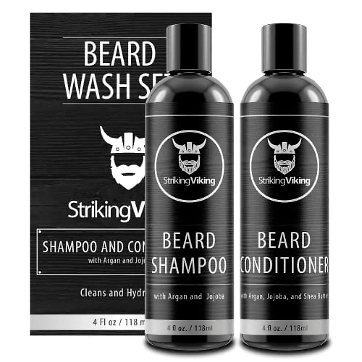 Beard Shampoo and Beard Conditioner for Men, All-Natural Beard Wash Set Cleanse Softens & Conditions with Organic Argan and Jojoba Beard Oils, Sulfate & Paraben Free by Striking Viking