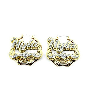 Personalized Custom Gold Hoop Bamboo Earrings Name Plate Laser Cut Design Stunning Look - Quality, Attractive Gold Hoop Earrings With Swirls Heart and Crown on Top, Made To Order - 2.5 INCHES size