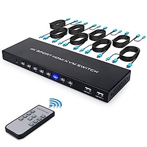 4K KVM Switch 8 Port, HDMI USB Switch for 8 Computers Share 4K@30Hz HD Monitor and 4 USB Devices, with IR Remote and 8 HDMI&USB KVM Cables