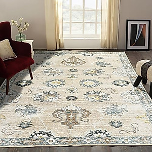 Kaspene Home - Machine Washable Thin 3x5 Area Rug - Oriental Vintage Blue and Brown, Bedroom, Hallway, Bathroom, and Entryway - Stain and Water-Resistant - Non-Slip - Pet and Kid Friendly