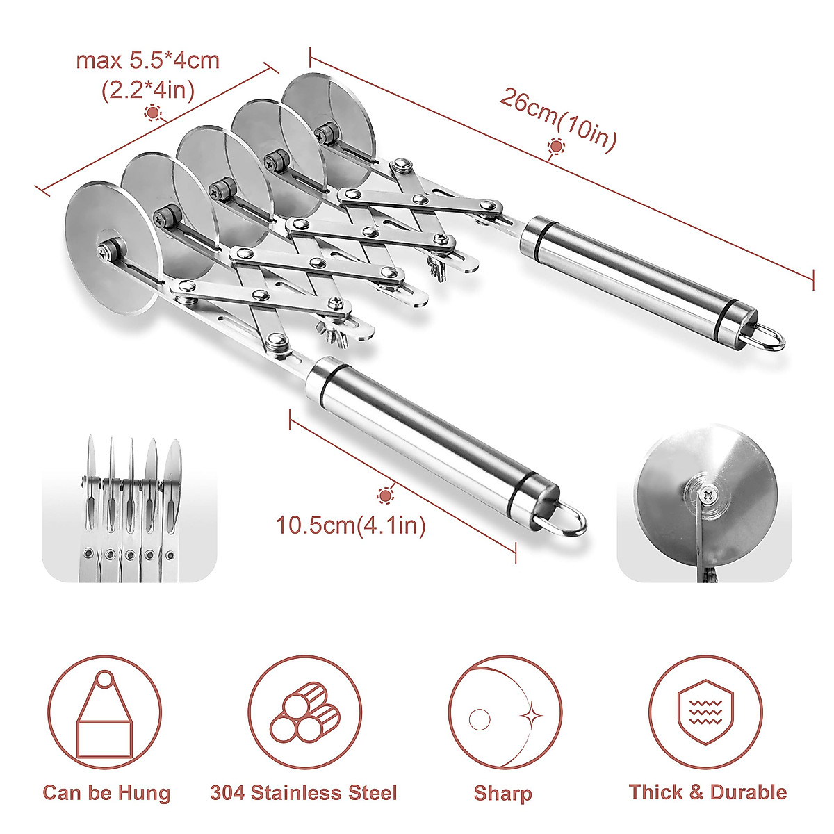 5 Wheel Pastry Cutter with Grinder Spaghetti Cutter Dough Roller Cutter Knife Stainless Steel Pizza Slicer Pasta Wheeling Cutter Attice Roller Adjustable Dough Divider with Handle