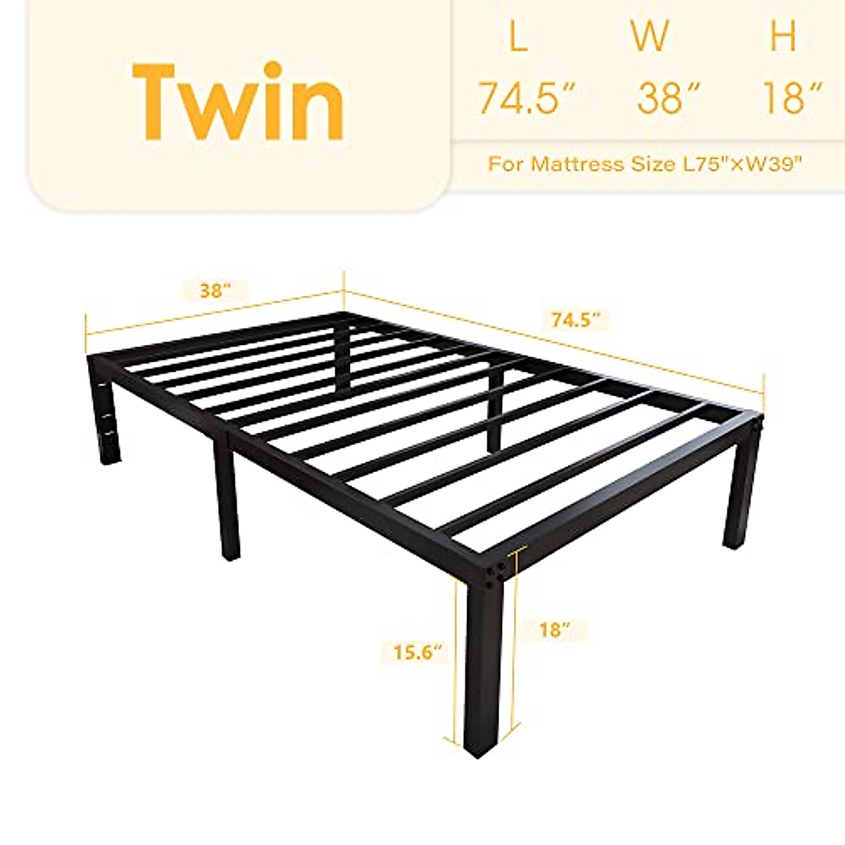 yookare 18 Inch Tall and Strong Platform Metal Bed Frame/Easy Assembly Mattress Foundation/ 4000lbs Heavy Duty Frame with Steel Slat Support/No Noise/No Box Spring Needed，Twin