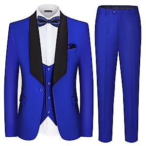 MAGE MALE Men's 3 Piece Suit Shawl Collar Slim Fit Elegant Tuxedo Solid One Button Wedding Party Blazer Vest Pants Set Royal Blue