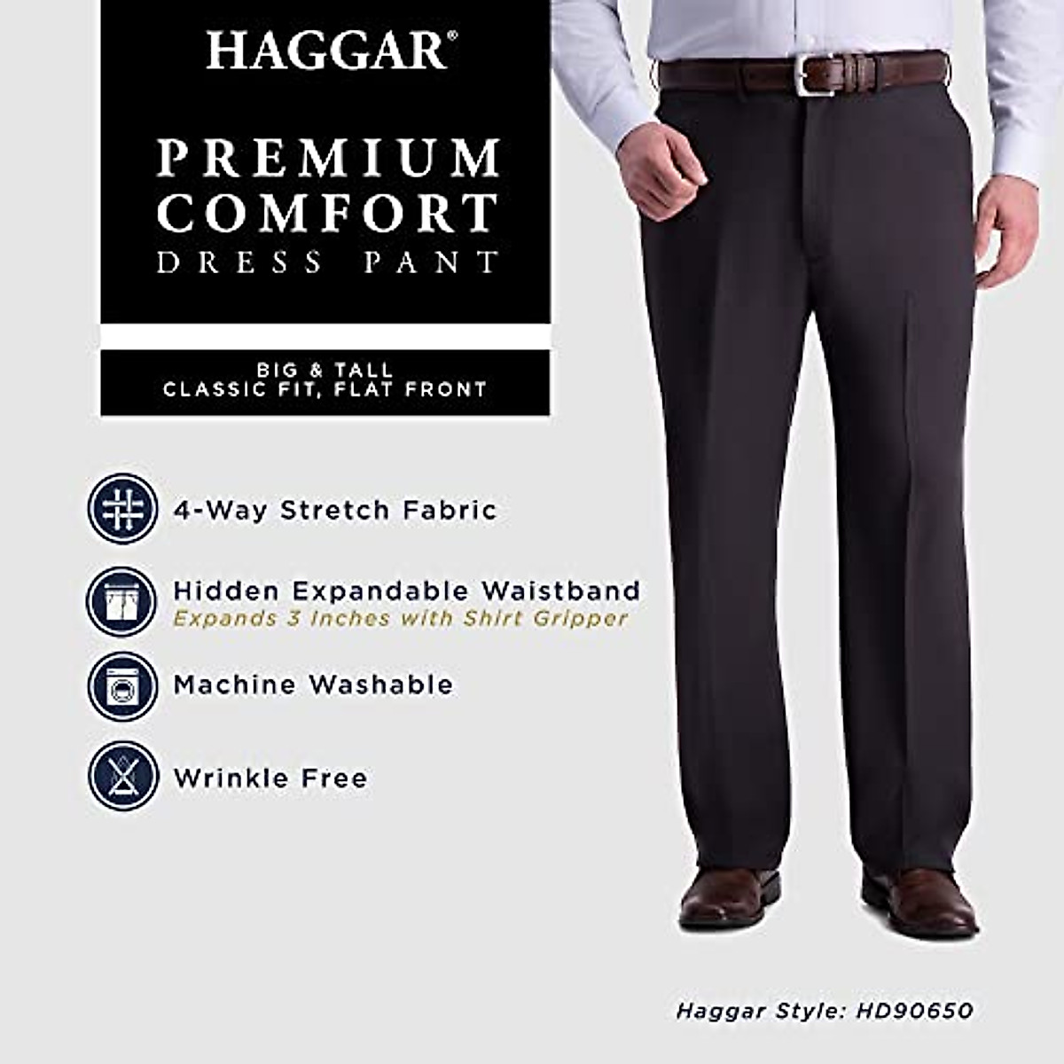 Haggar Men's Premium Comfort Classic Fit Flat Front Dress Pants-Regular and Big & Tall Sizes, Black BT, 46W x 32L