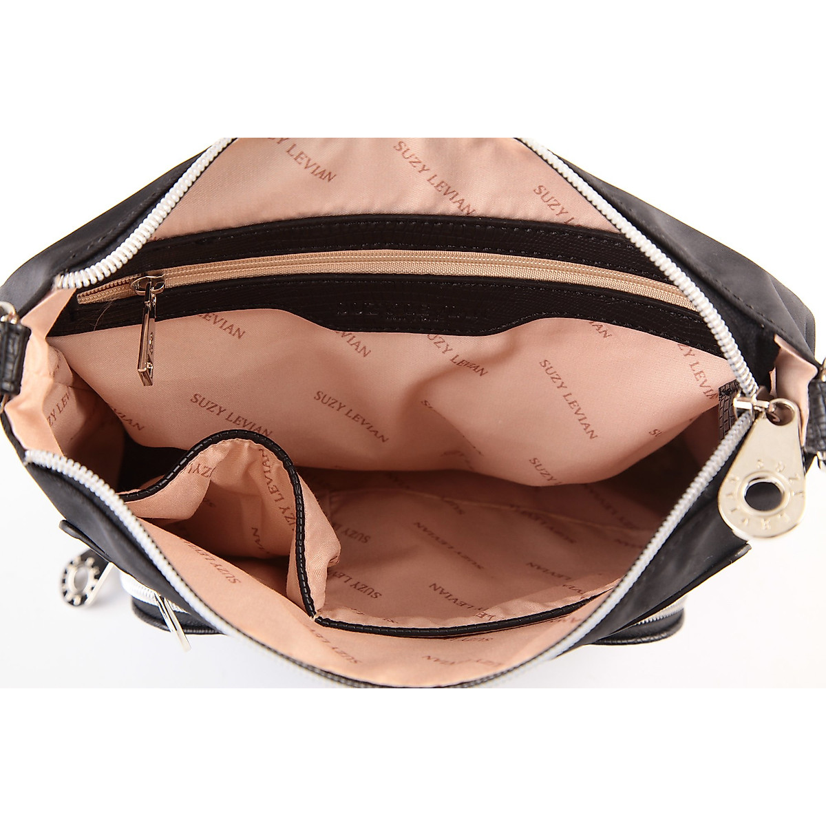 Suzy Levian Black Nylon Faux Crocodile Front Pocket Crossbody Handbag