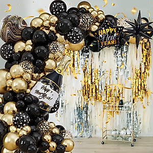 Happy New Year Party Decorations - 130pcs Black and Glod Balloon Garlands Arch Kit, Large Bottle Foil Balloon 2024 New Years Eve Party Background Anniversary Graduation Home Supplies (Black Gold)