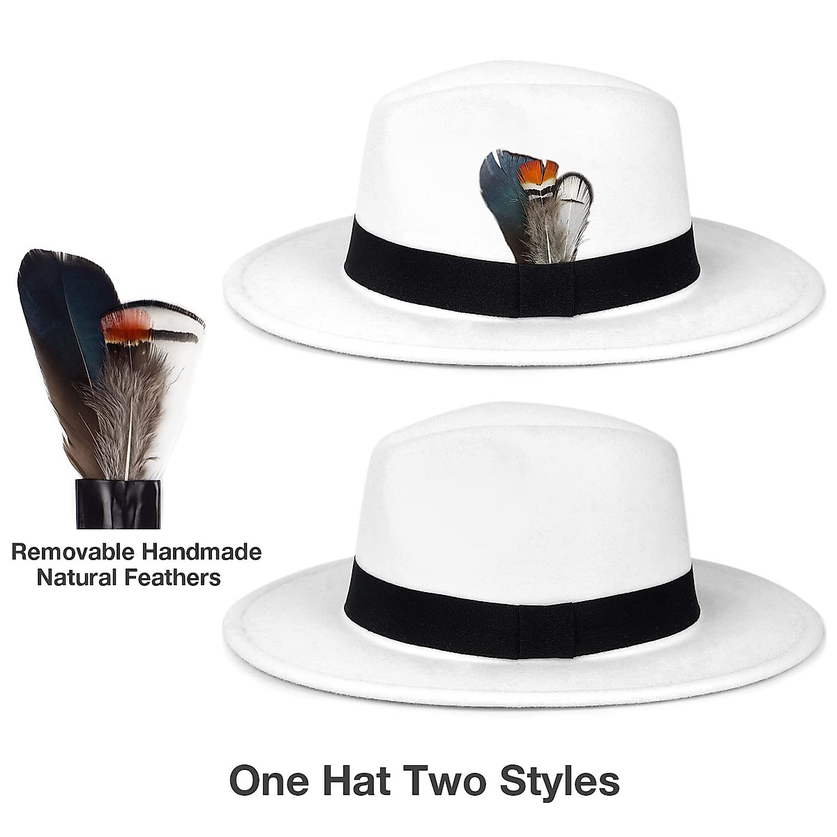 FADACHY Classic Fedora Hat for Men & Women Wide Brim Felt Hat Panama Dress Hat White Fedora