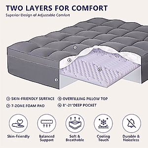 Homemate Memory Foam Mattress Topper Queen, Dual Layer 4 Inch Cooling Mattress Topper, 2 Inch Memory Foam Plus 2 Inch 1800TC Mattress Pad Comfort Support, Pillow Top with 8-21 Inch Deep Pocket, Grey