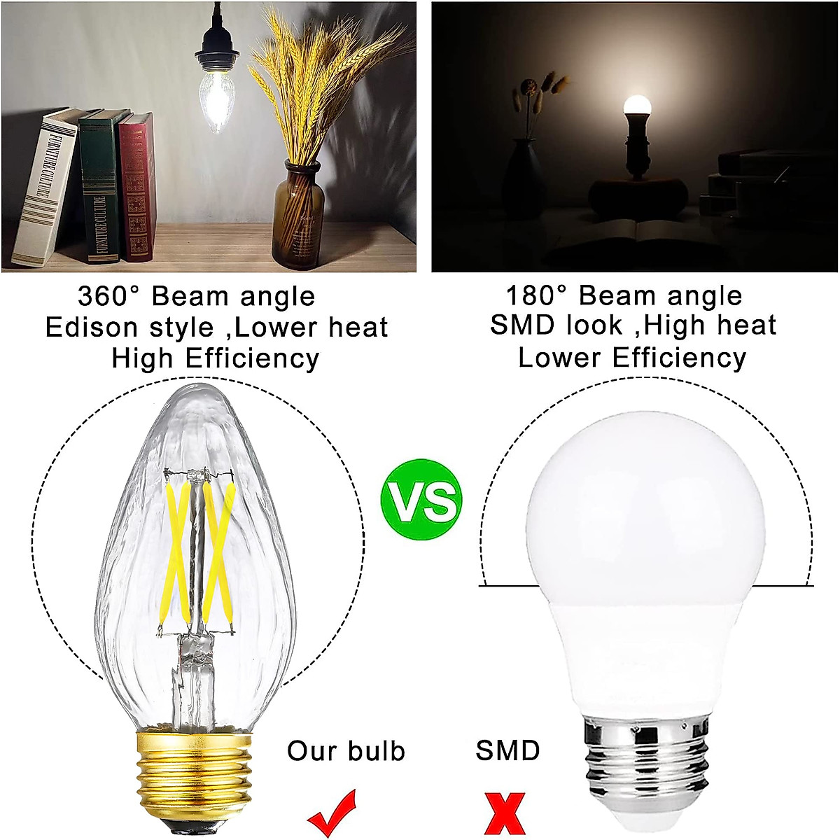 LEOOLS E26 Edison Bulb 6W Equivalent E26 LED Bulb 60 Watt Dimmable 4000K E26 Light Bulb AC120V Neutral White 600lm Flame Wrinkle Glass LED Bulb for Pendant,Porch,Ceiling Fan and Lantern Lamp,Pack of 6