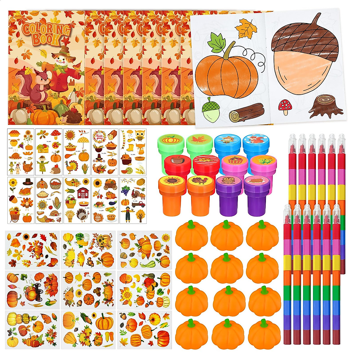 Cinrobiye 72 Pcs Fall Party Favors Thanksgiving Day Fall Coloring Books Squishy Pumpkins Tattoo DIY Sticker Stampers Class Reward Prizes for Autumn Harvest School Party