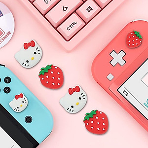 PERFECTSIGHT Switch Thumb Grips Caps, Cute Kitty Joystick Caps for Nintendo Switch/Lite/Switch OLED, 4 PCS Thumbstick Cover, Analog Stick Button Cover for NS Joycon Controller Accessories,Strawberry
