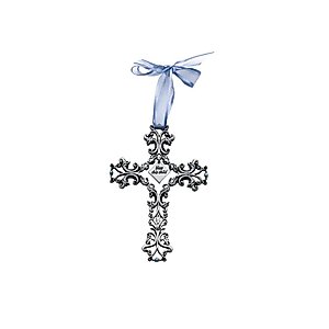 Cathedral Art (Abbey & CA Gift Bless This Child Blue Ribbon Baby Cross, Silver, 5.00" x 5.00"