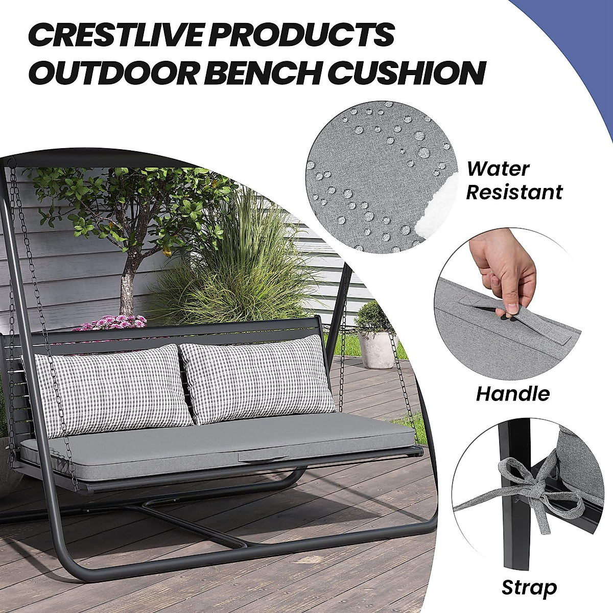 Crestlive Products Outdoor Bench Cushion 48x18 Inches, Patio Furniture Pads with Ties Water Resistant Fabric Durable Thicken Memory Foam for Loveseat Couch Porch Swing, Light Gray