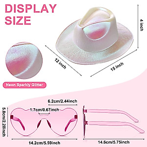 Zhanmai 6 Sets Holographic Cowboy Hat Neon Space Cowgirl Hat with Sunglasses Glitter Cowboy Hat for Women Men Costume Party (Rose, Pink, Clear)