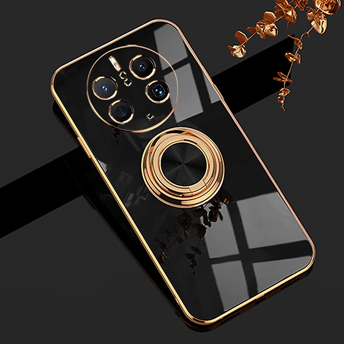 Yarxiawin Compatible with Huawei Mate 50 Pro Case with Ring Holder Pink, Aesthetic Huawei Mate 50 Pro Phone Case Silicone Soft TPU Slim Cover Shockproof Luxury with Kickstand (Black)