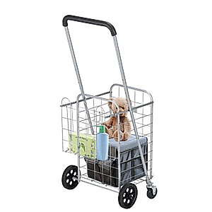 XYYSSM Iron 1100mm Telescopic Armrest 0.8mm 16# Round Tube 30kg Silver Foldable Shopping Cart, Shopping Cart with Dual Swivel Wheels for Groceries - Compact Folding Portable Cart Saves Space