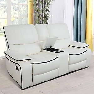 Ocstta Boned Leather Recliner Couch, Manula Reclining Couch Sofa with Storage Console & Cup Holder for Living Room/Office (Loveseat Recliner Couch,Creamy White)