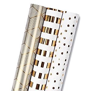 MAYPLUSS Wrapping Paper Roll - Mini Roll - 17 inch X 120 inch Per roll - White & Gold Foil Design (42.3 sq.ft.ttl)