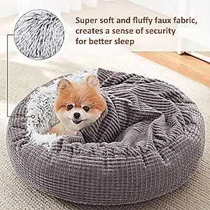 MIXJOY Small Dog Bed with Blanket Attached, Round Calming Hooded Cozy Cave Dog Beds for Small Dogs, Soft Plush Cuddler Puppy Pet Bed and Dog Burrow Cave Bed, Anti-Slip Bottom, 23inch