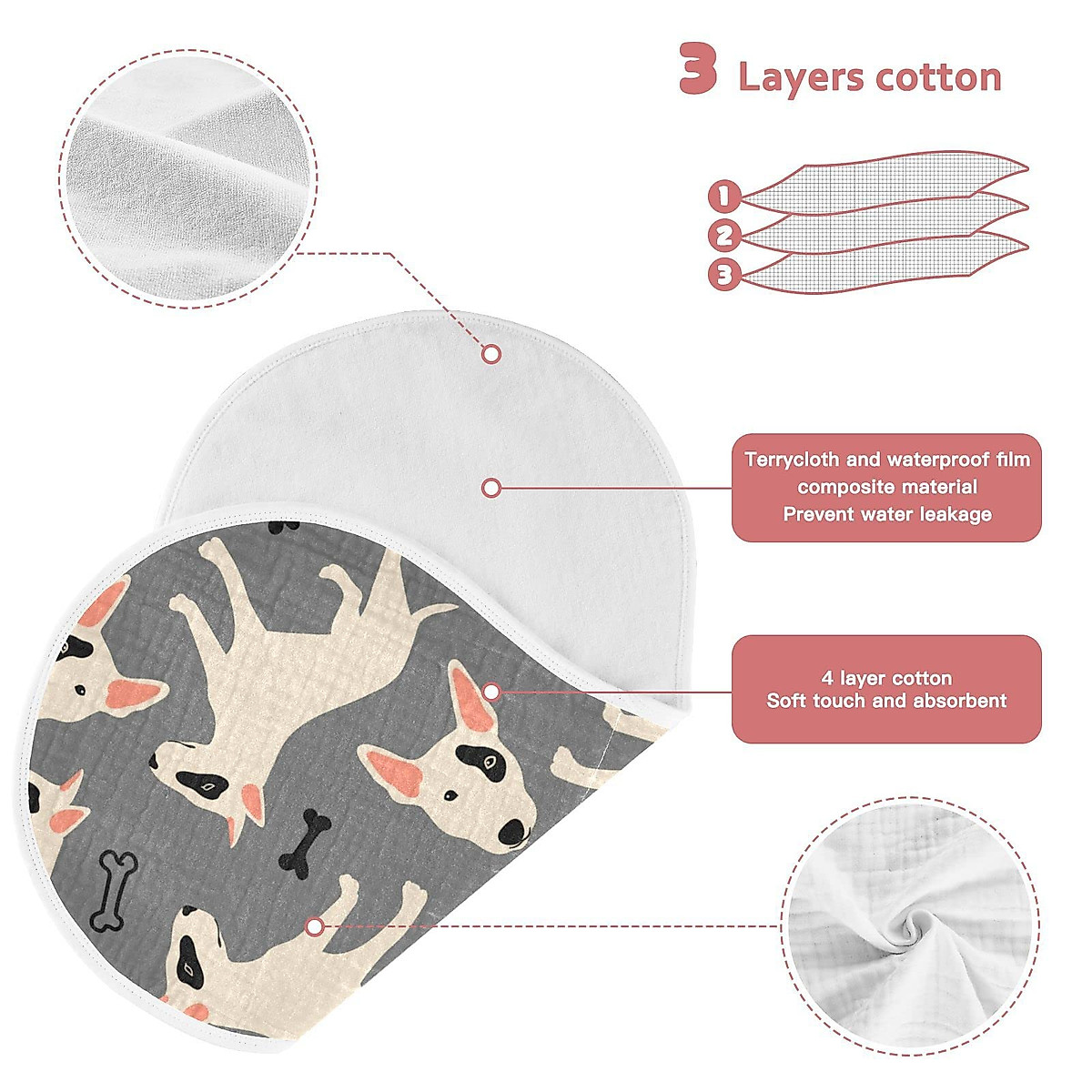 YYZZH Bull Terrier Pitbull Dog and Bone Muslin Burp Cloths for Baby 2 Pack 100% Cotton Baby Washcloths Bibs for Boy Girl