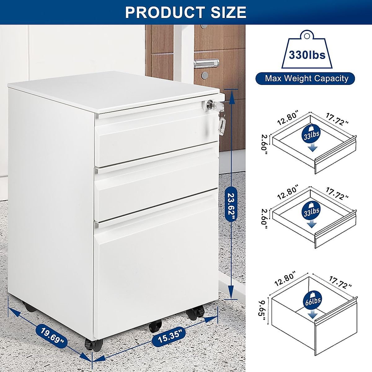 PACHIRA E-Commerce Mobile File Cabinet with 3 Drawers Heavy Duty 19.69" D x 15.35" W x 23.62" H, Fully Assembled, Filing Cabinet Vertical File Under Desk for Legal/Letter/A4 File, White