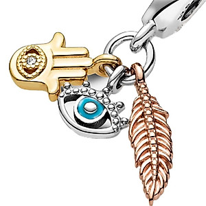 Hamsa, All-seeing Eye & Feather Spirituality Dangle Charm 925 Sterling Silver Pendant,Girl Jewelry Beads Gifts for Women Bracelet&Necklace