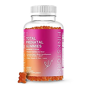 Pink Stork Total Prenatal Vitamin Gummies: Folic Acid, Vitamin D, B6 & More - Gummy Prenatal Vitamins for Women - Pregnancy Must Haves, Morning Sickness Relief, Women-Owned, 60 Raspberry Gummies