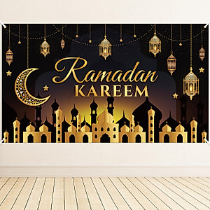 WATINC Ramadan Mubarak Backdrop Banner XtraLarge Eid Arabian Nights Moon Stars Ramadan Kareem Background Banner Party Decorations Supplies Photo Booth for Wall Home Indoor Outdoor 79 X 45 Inch