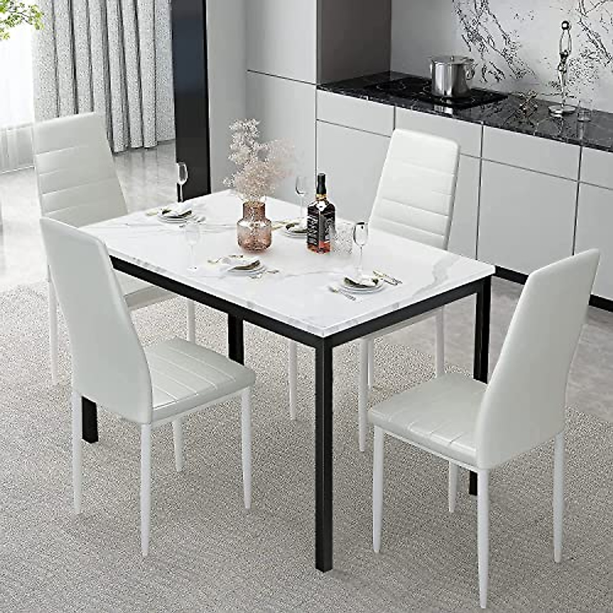tantohom Marble Top Style Dining Table Set for 4, Metal Frame Furniture Kitchen Table and Chairs for 4, Dinette Breakfast Nook Table Set with 4 Pu Leather Chairs for Dining Room…