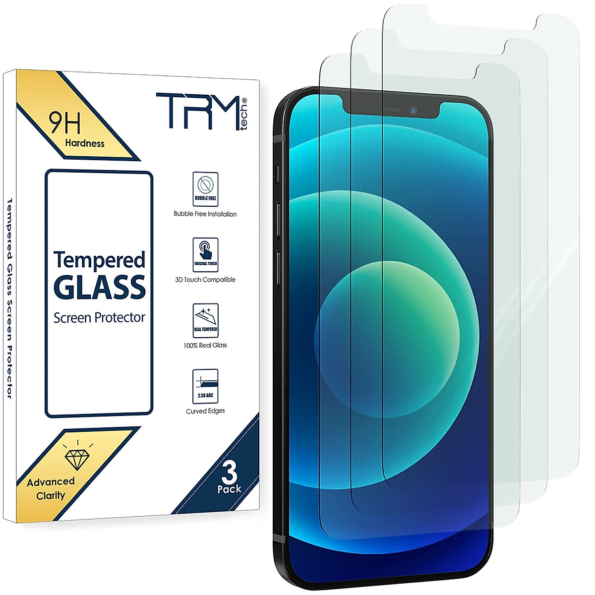 TRM TECH Screen Protector Tempered Glass For Apple iPhone 12 Mini (5.4" Inch), Case Friendly, Easy Installation, Anti-Scratch, Bubble-Free, 9H Hardness, Clear, Retail Box - (3-Pack)