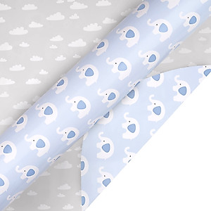 LeZakaa Reversible Baby Shower Wrapping Paper - Elephant in Blue & Cloud in Gray for Baby Boy - 17 inches x 32.8 Feet (46.45 sq.ft.)