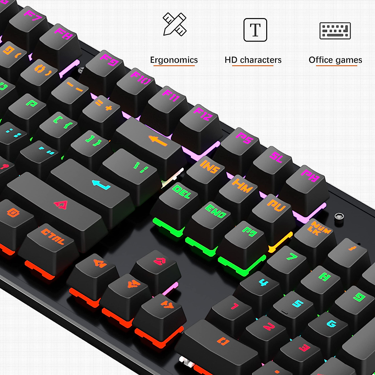Chuang Gaming KU20 Mechnical Gaming Keyboard, RGB Backlit Wired Keyboard with Blue Switches & ABS Keycaps, Splash-Proof Function with Ergonomic Design, Black