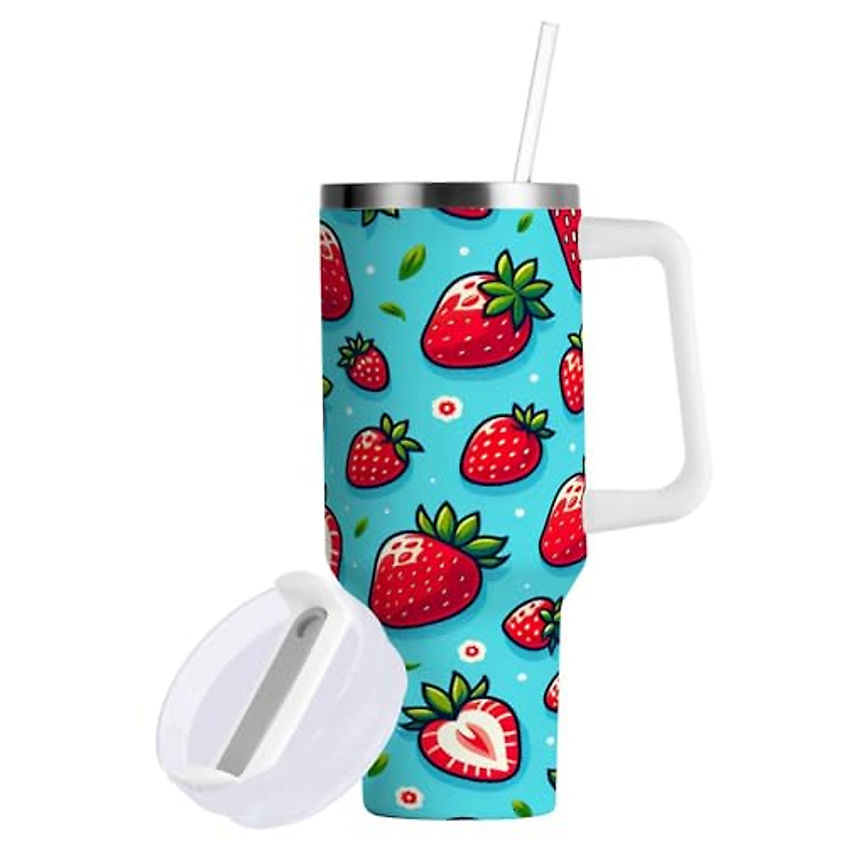 Jihqo Cute Strawberry Red Blue 40 oz Stainless Steel Vacuum Insulated Tumbler with Handle and Straw Lid, Leakproof Water Bottle Double Wall Travel Mug Coffee Cup, Cupholder Friendly