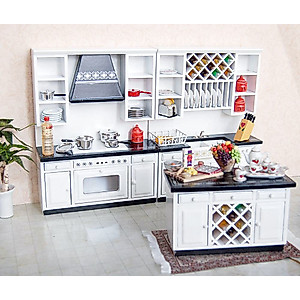 1:12 Scale Mini House Wooden Furniture Miniature Kitchen Cabinet Mini Bar Counter Furniture Set (White and Black)