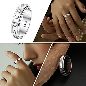 MUSECLOUD Fidget Ring 925 Sterling Silver Spinner Ring Moon Star Anxiety Ring for Women White Gold Plated 6MM Fidget Band Stress Relief Anti Anxiety Jewelry (Silver, 10)
