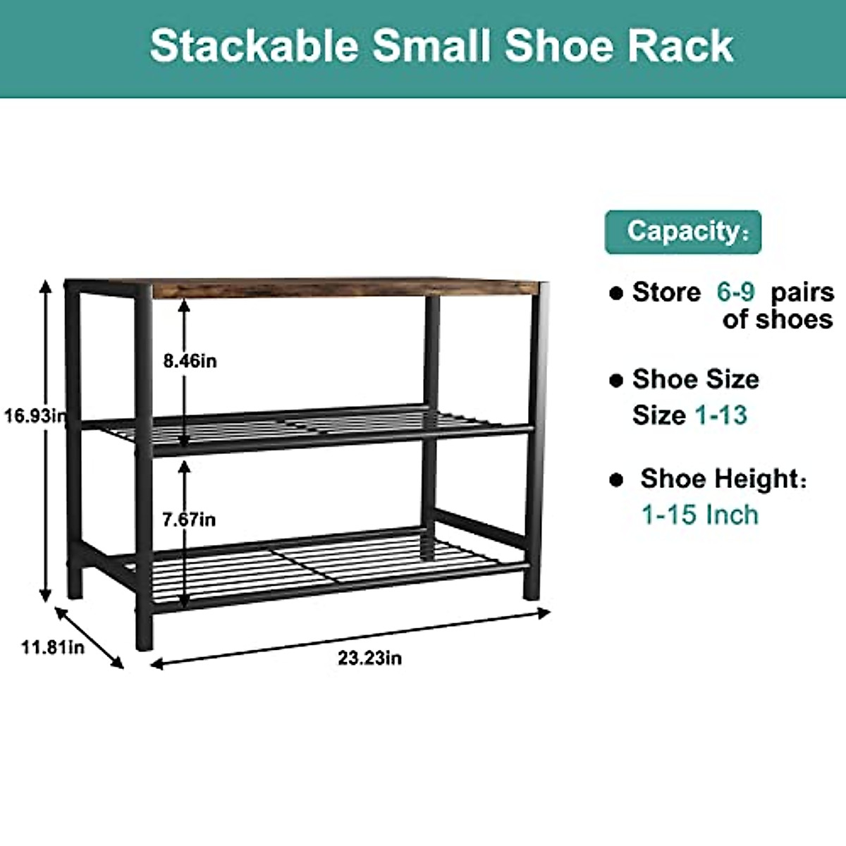 JEROAL 3-Tier Shoe Rack Storage Organizer,6-9 Pairs Sturdy Shoe Shelf for Entryway, Hallway and Closet Space Saving Storage and Organization