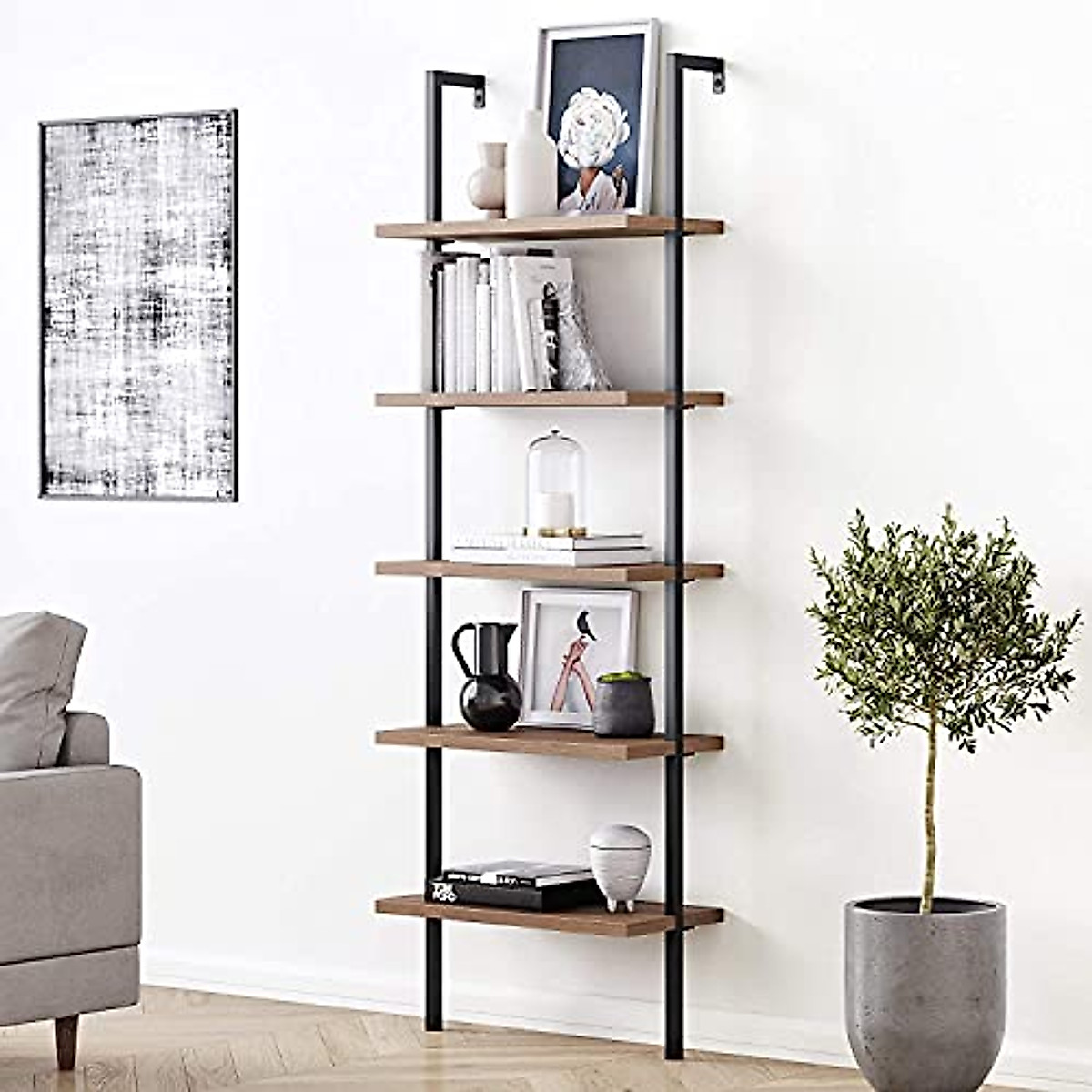 Nathan James Theo 5-Shelf Oak Wood Modern Bookcase, Open Wall Mount Ladder Bookshelf & Matte Black Accents with Storage for Living Room or Nightstand for Bedroom, Oak/Black