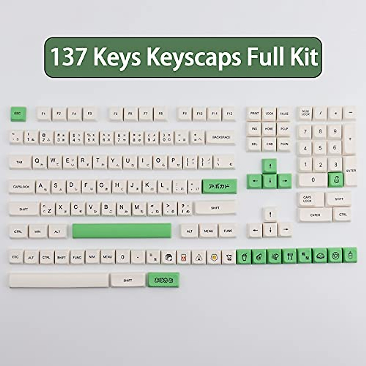 TsungUP Keycaps, 137 Keycaps PBT Keycaps Dye-Sublimation Japanese Keycaps XDA Profile For Mechanical Gaming Keyboard 61/64/68/74/84/87/96/980/104/108 (Avocado and Milk)