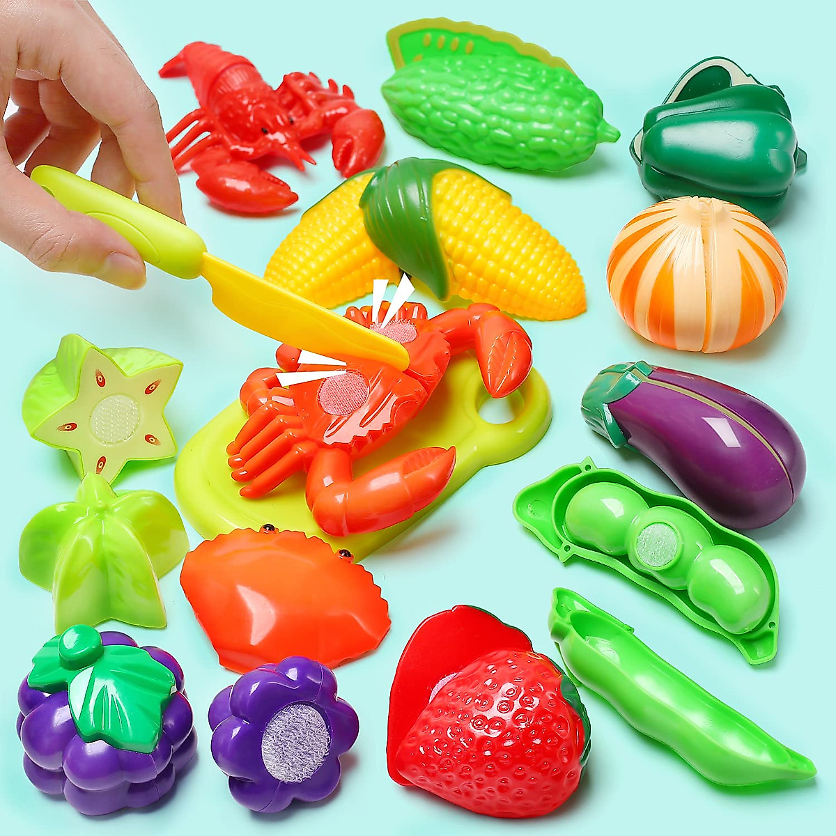 HOLYFUN 100 PCS Cutting Play Food Toy for Kids Kitchen, Pretend Fruit & Vegetables Accessories with Shopping Basket, Plastic Mini Dishes, Play Money, Perfect Educational Toy for Toddlers Boys & Girls