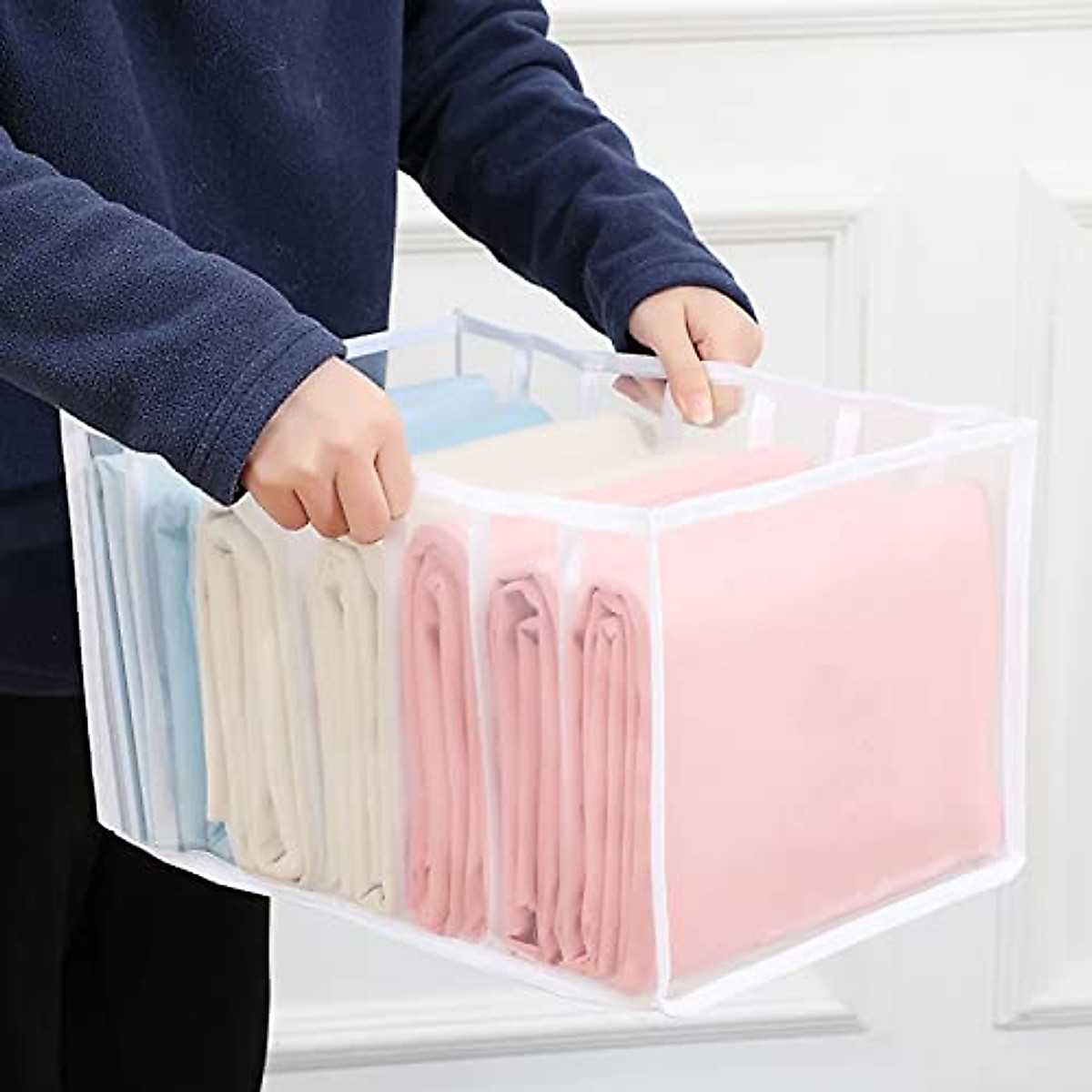 GRASARY Drawer Transparent Clothes Storage Box Home Compartment Organizer for Jeans, Pants, Closet, Socks Underwear, Bra (Grey and White) White 7Grid