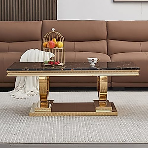 Maotifeys Black and Gold Marble Mid Century Modern Coffee Table with O Shape Stainless Steel Pedestal Base, Rectangle Marble Top for Living Room, Bedroom, Office Behind Couch