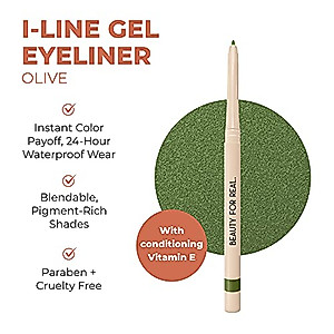 Beauty For Real I-Line 24-7 Eyeliner, Olive - Warm Olive Green with Gold Shimmer - Long-Wearing, Waterproof Gel Formula - Safe for Sensitive Eyes & Contact Lens Wearers - 0.01 oz