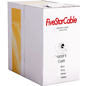 Five Star Cable Cat6 23AWG 1000 Ft UTP Bulk LAN Internet PVC Wire 4 Twisted Pair Category 6 Ethernet White Color Cable