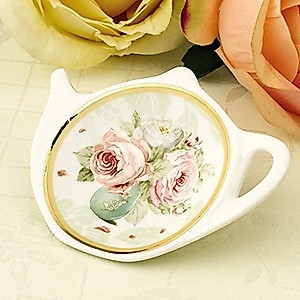 White Porcelain Ceramic with Flower Trim Gold Rim Teapot-Shaped Tea Bag Holder Tea Bag Coasters, Spoon Rests; Classic Tea Saucer Seasoning Dish Set
