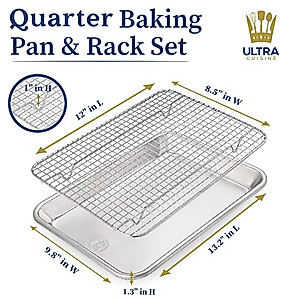 Oven-Safe Baking Pan with Cooling Rack Set - Quarter Sheet Pan Size - Includes Premium Aluminum Baking Sheet and 100% Stainless Steel Baking Rack for Oven - Durable, Easy Clean, Commercial Quality