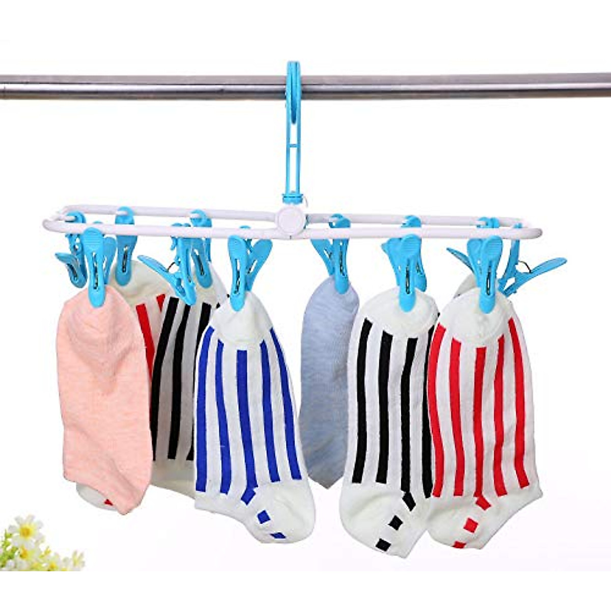Falytemow Clip and Drip Hanger Folding Portable Travel Socks Hanger Underwear Hanger with 2 x 12 Clothespins, Hanger for Drying Towels, Bras, Baby Clothes, Plastic Laundry Sock Drying Hanger