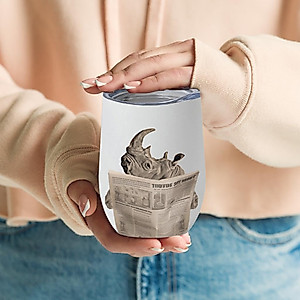 Rhino Rhinoceros Reading Newspaper Tumbler 12oz Stainless Steel Vacuum Insulated Wine Cup With Lid - Gifts for Rhinoceros Lovers