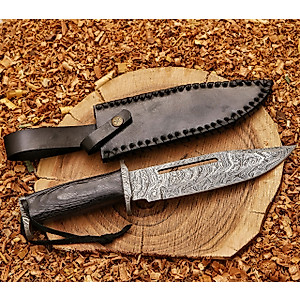 HK Handmade 13″Hunting Bowie Knife,Forged Damascus Bushcraft knife,knives for men with gray pakkawood Handle & leather sheath,damascus knife best for Outdoor & Indoor Camping,Survival,Skinning